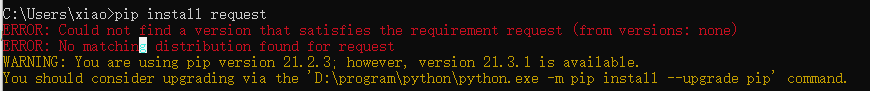 python pip 模块 cmd安装报错解决办法_warning: you are using pip version 21.2.3; however-CSDN博客