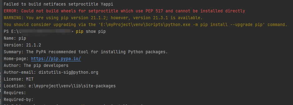 python3 pip安装第三方库失败，WARNING: You are using pip version 21.2.3； however, version 21.3.1 is ...
