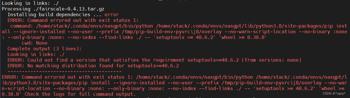 ERROR: No matching distribution found for setuptools＞=40.6.2_no matching distribution found for ...