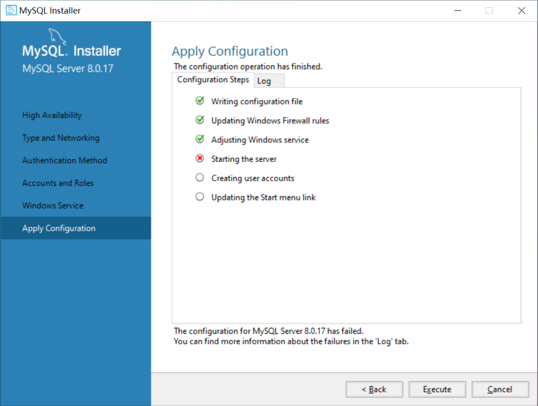 MySQL 8 安装Starting the server安装失败_beginning configuration step: starting the server -CSDN博客