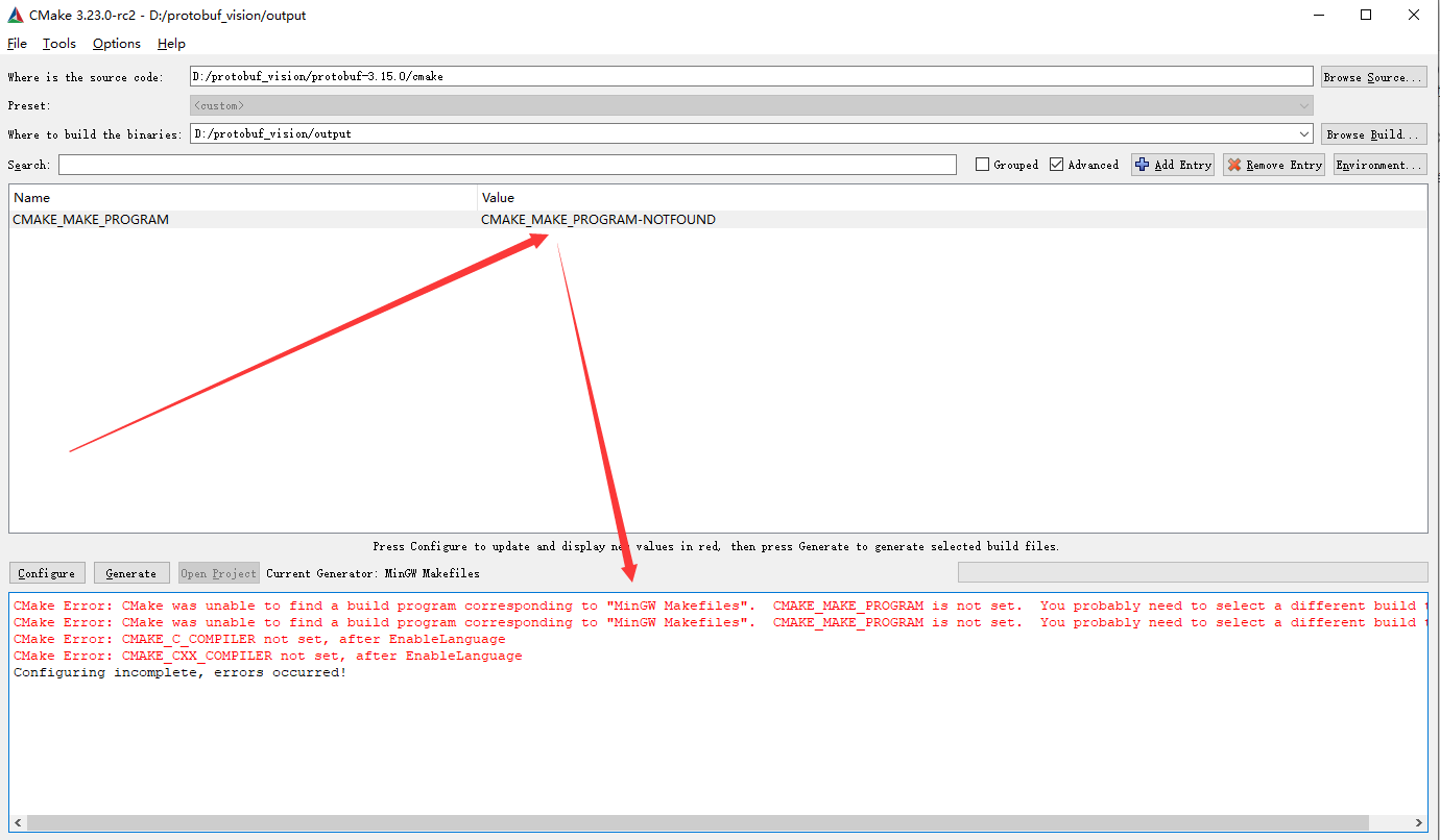 Cmake配置qt的protobuf环境时出现error In Configuration Process Project Files