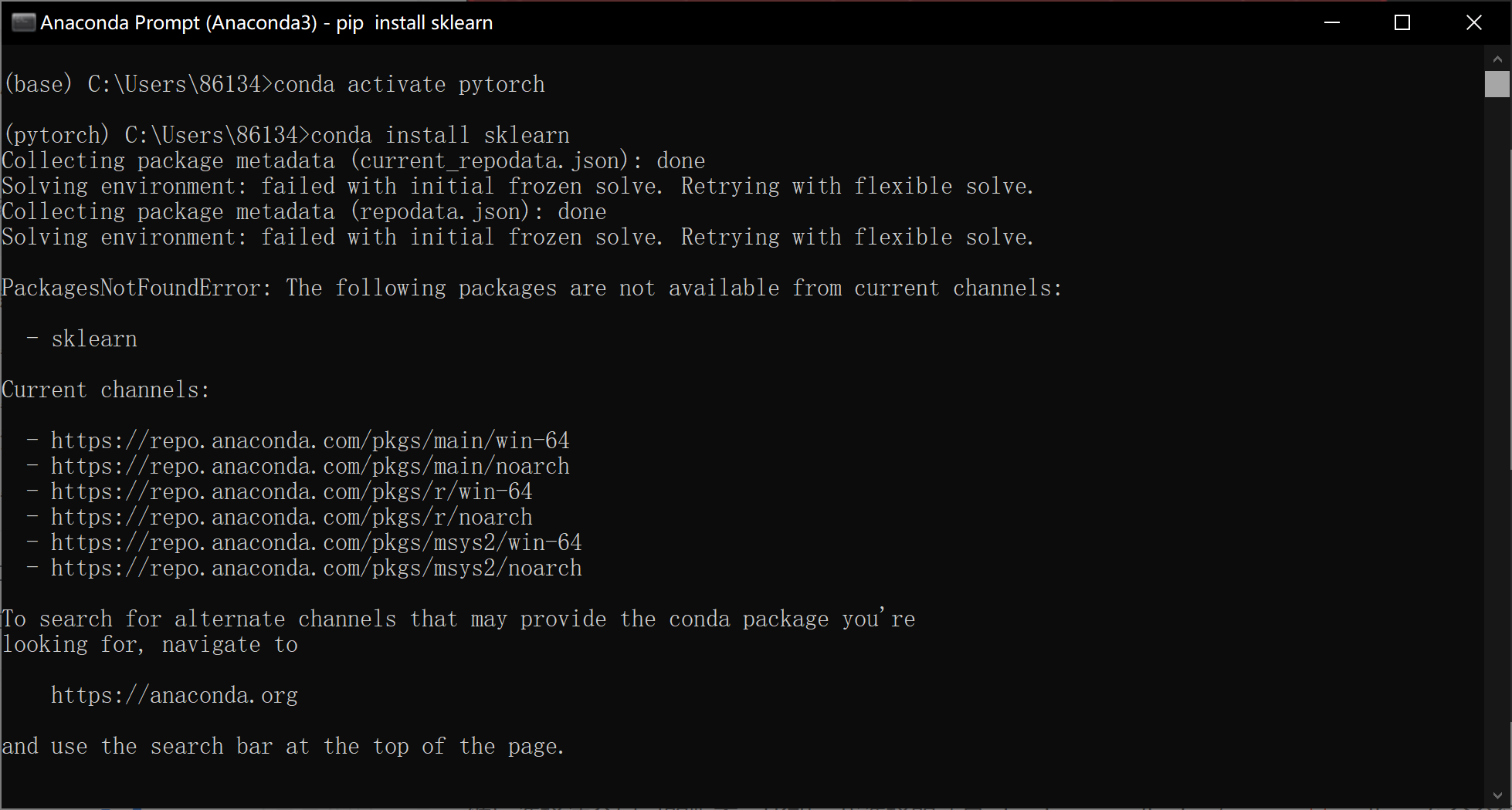 annaconda安装报错PackagesNotFoundError: The following packages are not ...