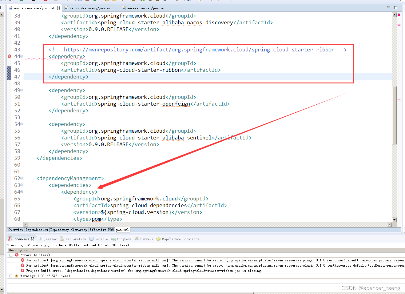 For artifact {org.spring.cloud:spring-cloud-starter-ribbon:null:jar}: The version cannot be ...