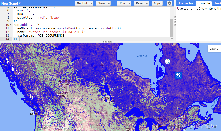 Google Earth Engine综合实验二——Global Surface Water的显示、统计与制饼图_water occurrence-CSDN博客