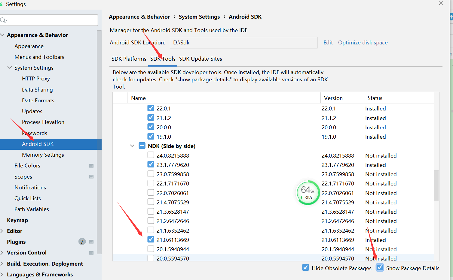 NDK matched the requested version 21.0.6113669. Versions available locally: 15.0.40757_ndk 21.0. ...