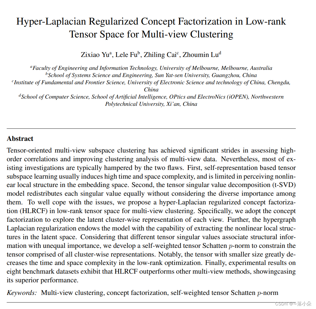 【文章摘要-20230426】Hyper-Laplacian Regularized Concept Factorization in Low-rank Tensor Space for ...