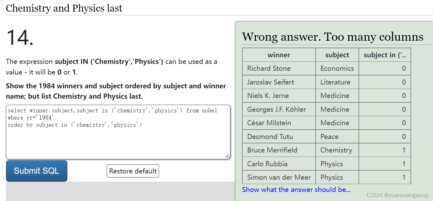 sqlzoo练习题（3.SELECT from Nobel Tutorial）14题中，order by subject IN (‘Chemistry‘,‘Physics‘)用法解惑整理笔记 ...