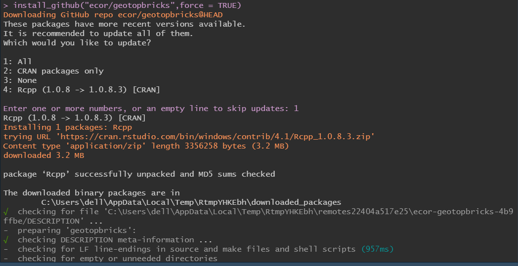 R语言运行geotop模型示例1D server.R ＞devtools::install_github(“ecor/geotopbricks“)_use `force = true` to ...