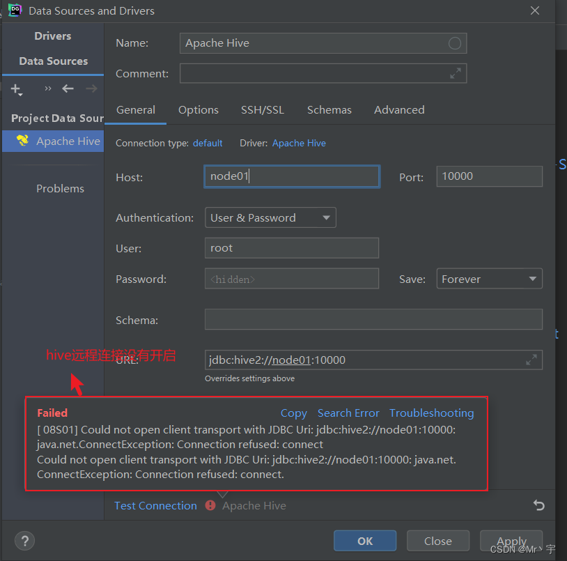 DataGrip连接hive报错：[ 08S01] Could not open client transport with JDBC Uri: jdbc:hive2://node01 ...