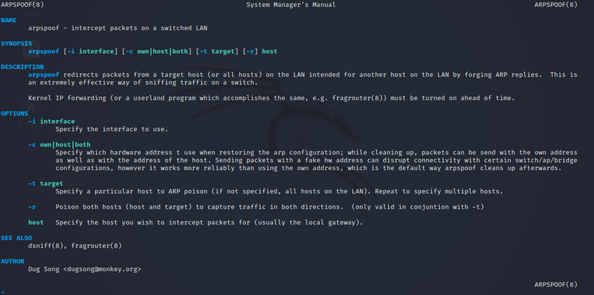 arpspoof使用教程，Kali arp欺骗，断网攻击，充当中间人转发数据包_arpspoof -i eth0 -t-CSDN博客