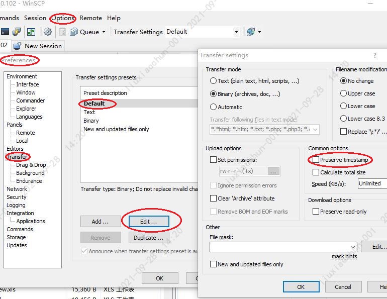 WINSCP上传文件提示：upload was successful,but error occured while setting the permissons or timestamp ...