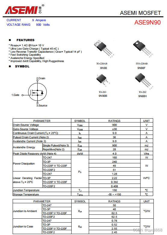 ASEMI的MOS管9N90参数，9N90电路图，9N90实物图_09n90e场效应管参数-CSDN博客