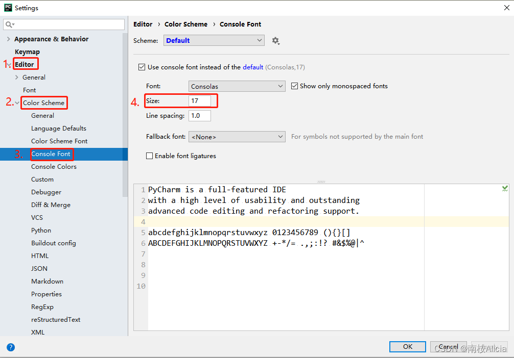 Pycharm的代码、terminal、console字体大小和主题的更改，官方使用说明文档_pycharmterminal字体大小设置-CSDN博客