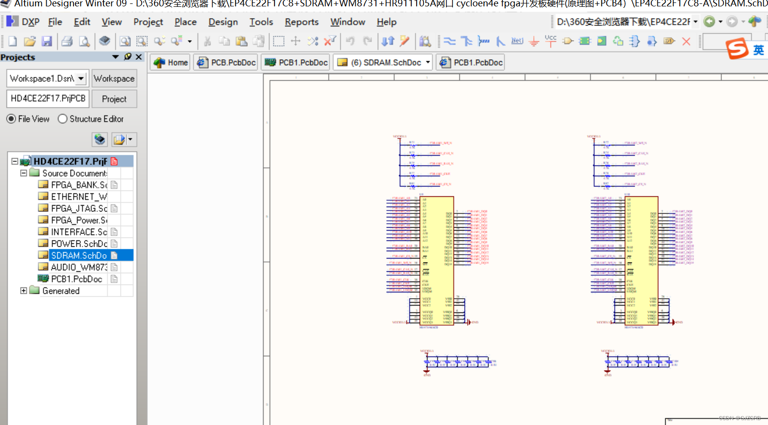EP4CE22F17C8+SDRAM+WM8731+HR911105A网口 cycloen4e fpga开发板硬件(原理图+PCB）_ep4ce22 sdram参考代码-CSDN博客