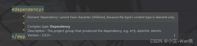 Element ‘dependency‘ cannot have character [children], because the type‘s content type is ...