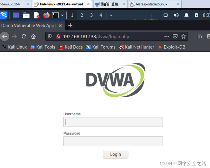 Metasploitable2安装基础----搭建DVWA_metasploitable2默认密码-CSDN博客