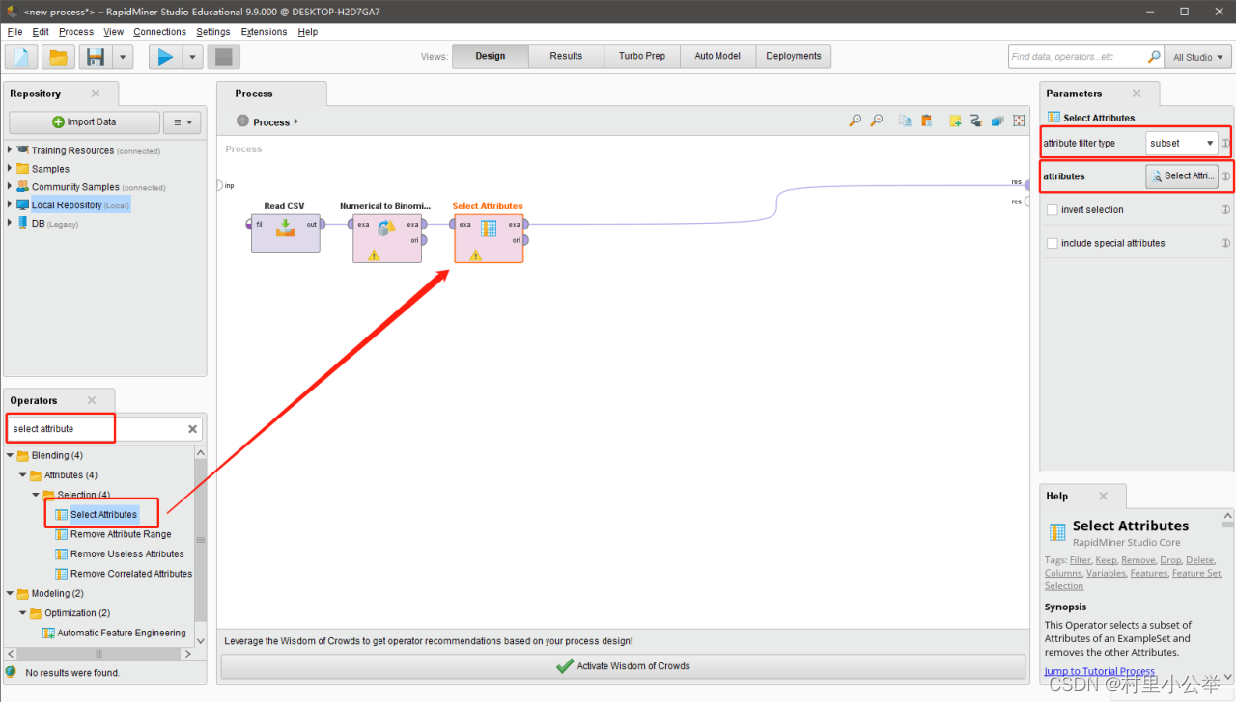 运用RapidMiner进行关联分析(算子有read csv,select attribute,fp-growth,create association rules)_rapidminer多维 ...