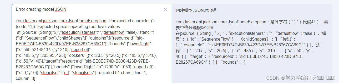 Error creating model JSON com.fasterxml.jackson.core.JsonParseException: Unexpected character ...