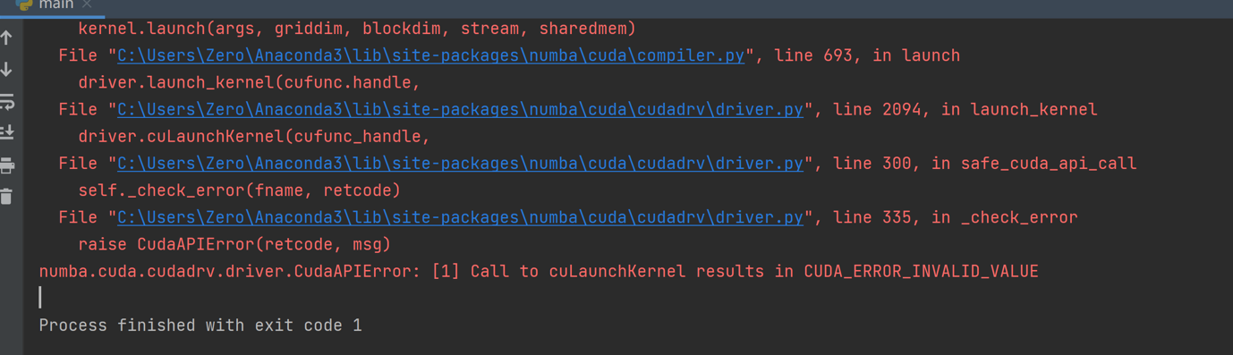 numba.cuda.cudadrv.driver.CudaAPIError: [1] Call to cuLaunchKernel results in CUDA_ERROR_INVALID ...