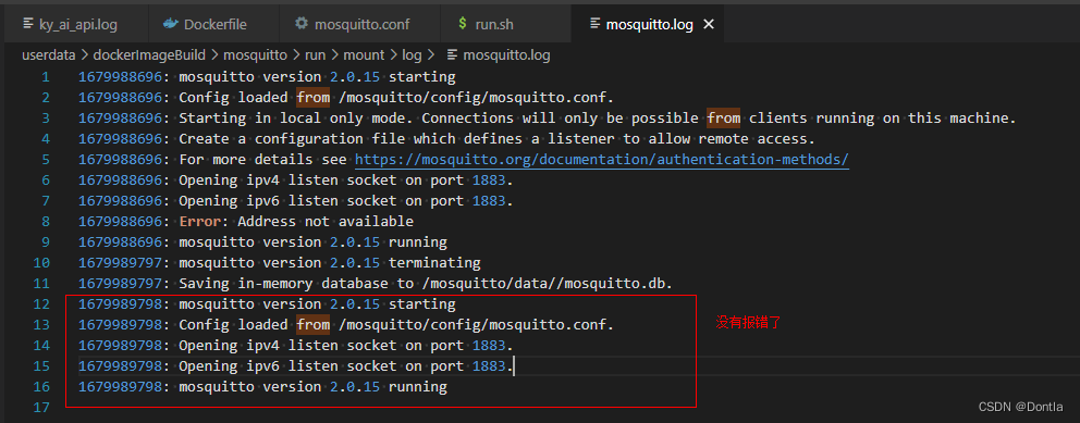 docker镜像Eclipse-mosquitto容器日志报错：Error: Address not available（mosquitto.conf需要加listener 1883）-CSDN博客