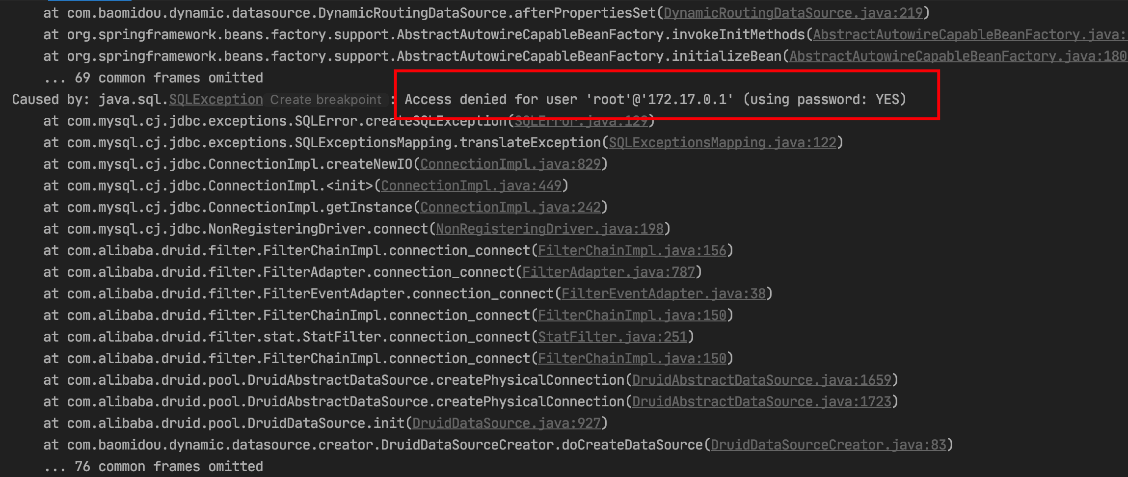SpringBoot SpringCloud项目启动mysql报错Access denied for user ‘root‘@‘172.17.0.1‘ (using password: YES ...