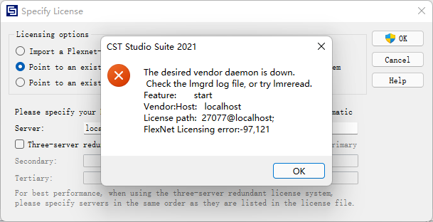 解决CST报错——“The desired daemon is down. Check the lmgrd log file...”_cst license manager启动不了-CSDN博客