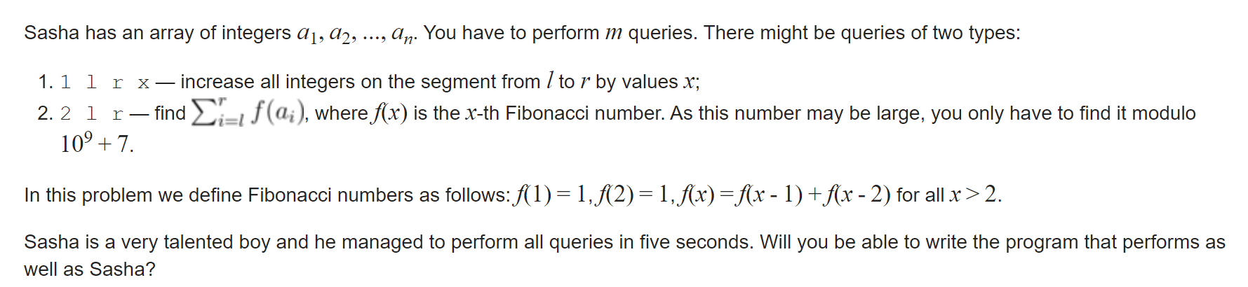 Codeforces Round #373 C. Sasha and Array（斐波那契数列矩阵形式+矩阵快速幂+线段树）_ssin373c-CSDN博客