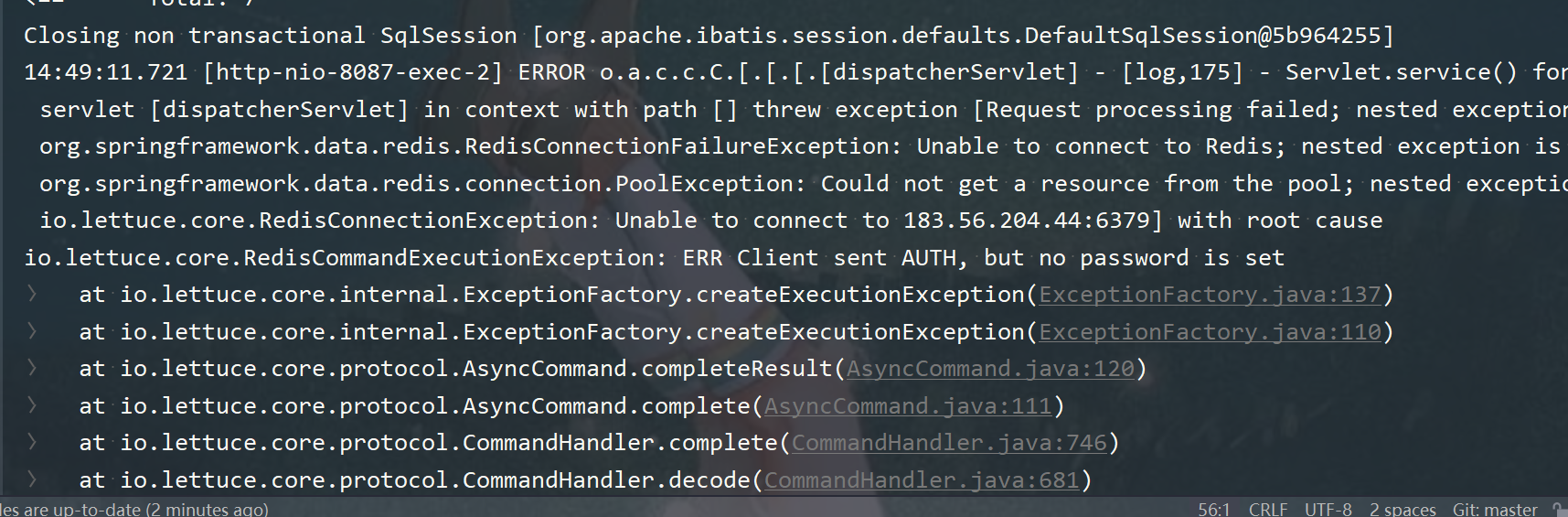 springboot integration redis error: nested exception is io.lettuce.core.RedisConnectionException ...