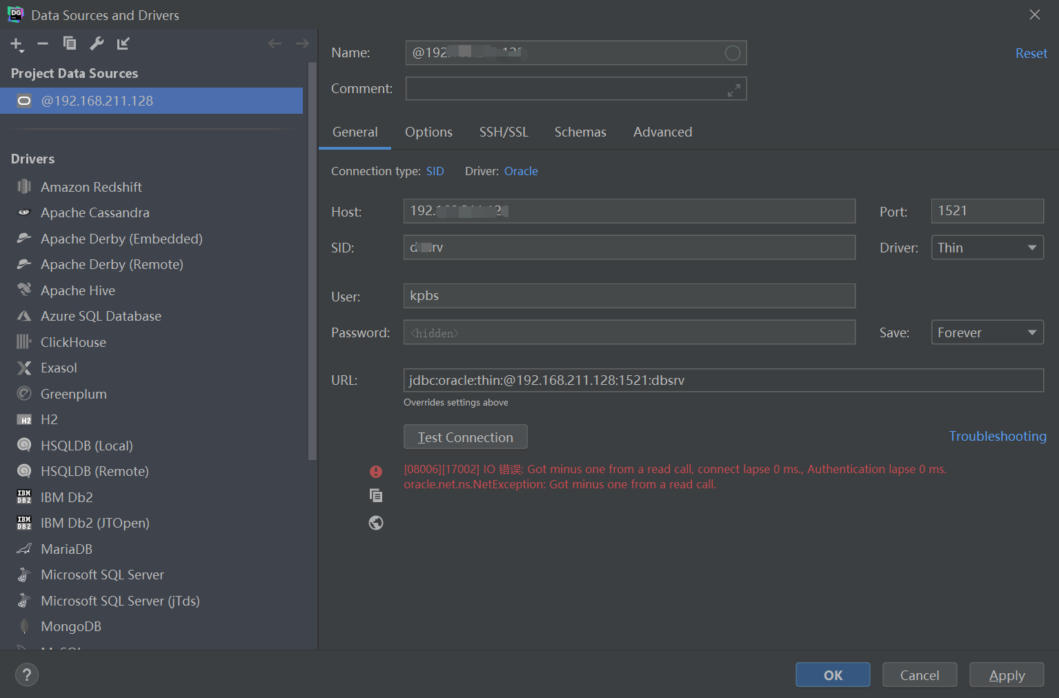 DataGrip连接Oracle数据库报错：[08006][17002] IO 错误_got minus one from a read call, connect lapse 11 m-CSDN博客