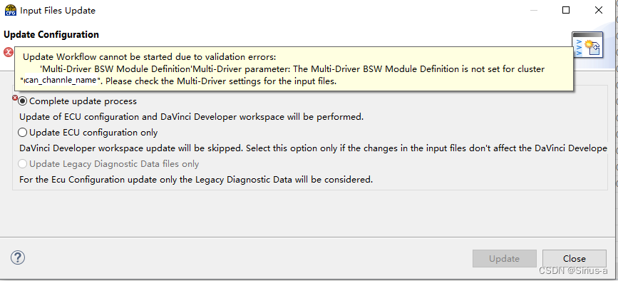 Update Workflow cannot be started due to validation errors:Multi-Driver BSW Module Definition ...