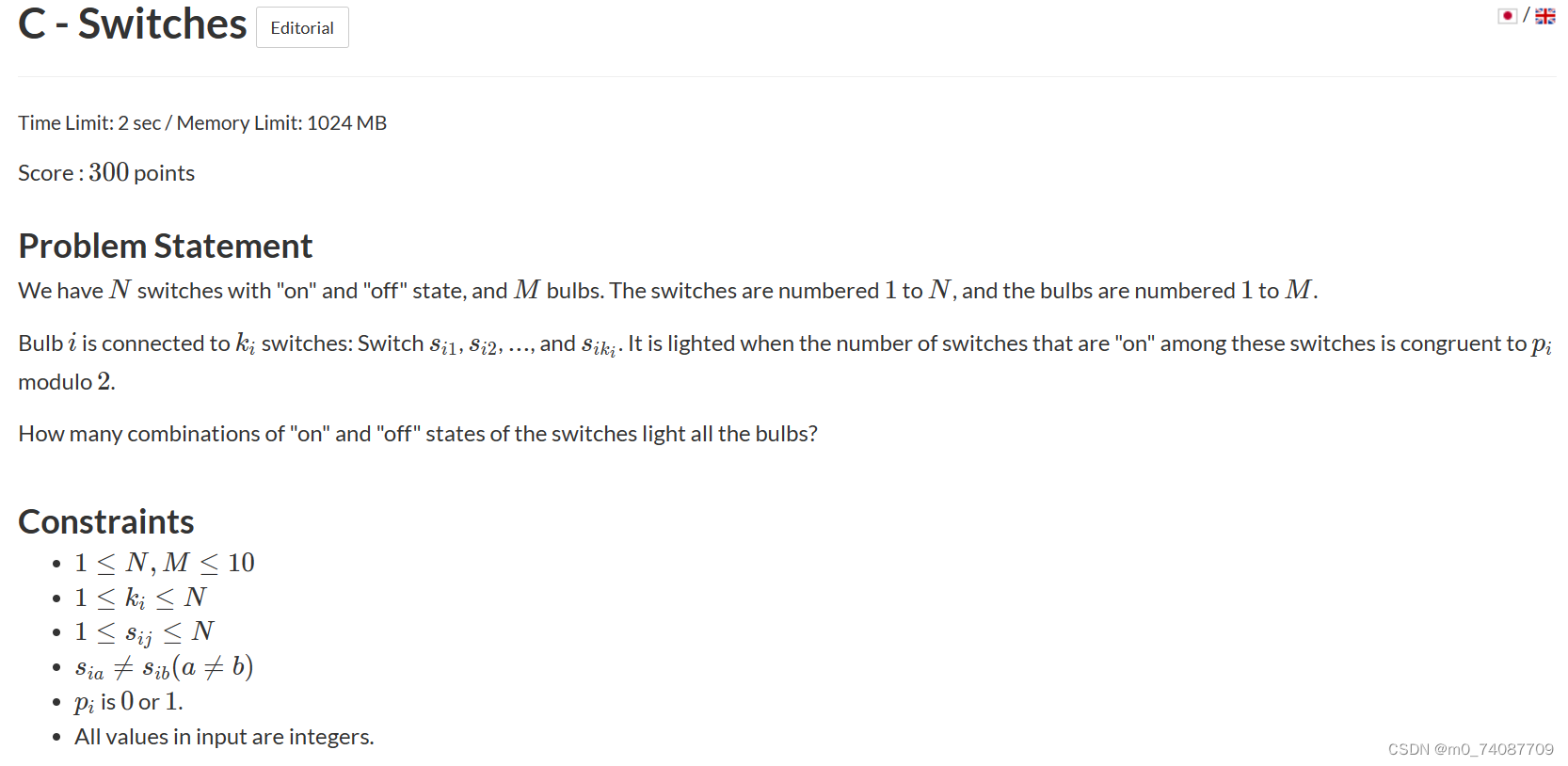 atcoder ABC 128_给定n个开关和m个灯,第i个开关只能打开部分灯。矩阵a包含n行m列,当aij=1时表示开-CSDN博客