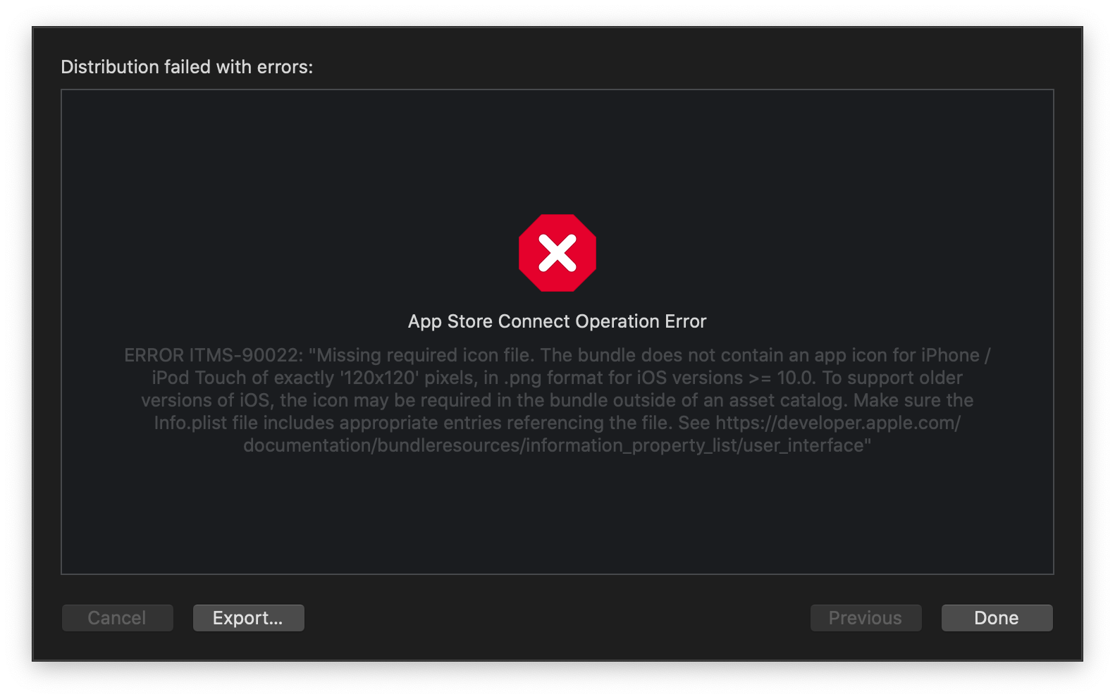ERROR ITMS-90022: “Missing required icon file._asset validation failed (90022) missing required ...