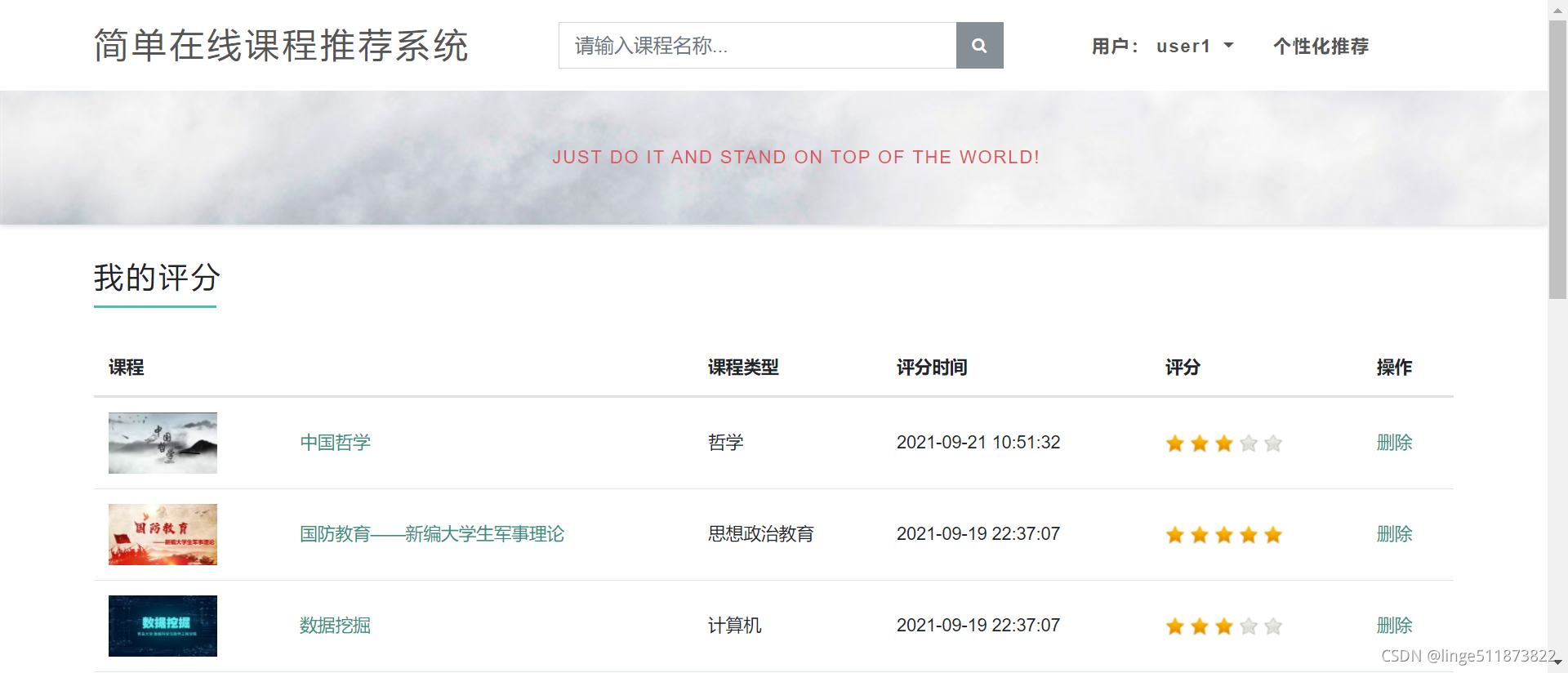 Pythondjangomysql简单在线课程推荐系统 基于用户、项目、内容的协同过滤推荐算法 Simpleonlinecoursecfrspyth Python实现协同过滤推荐算法实现源