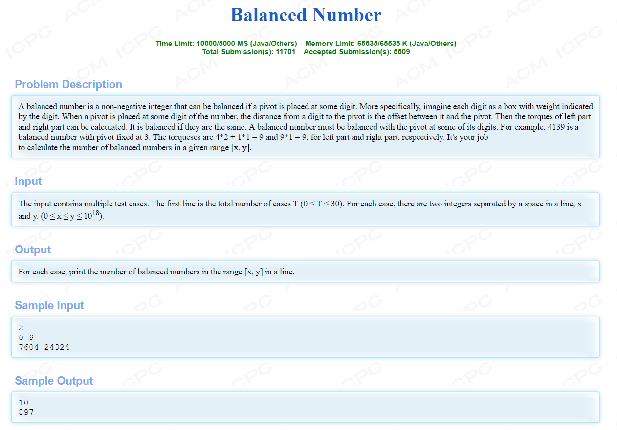 （HDU - 3709）Balanced Number（数位DP）_hdu3709-CSDN博客