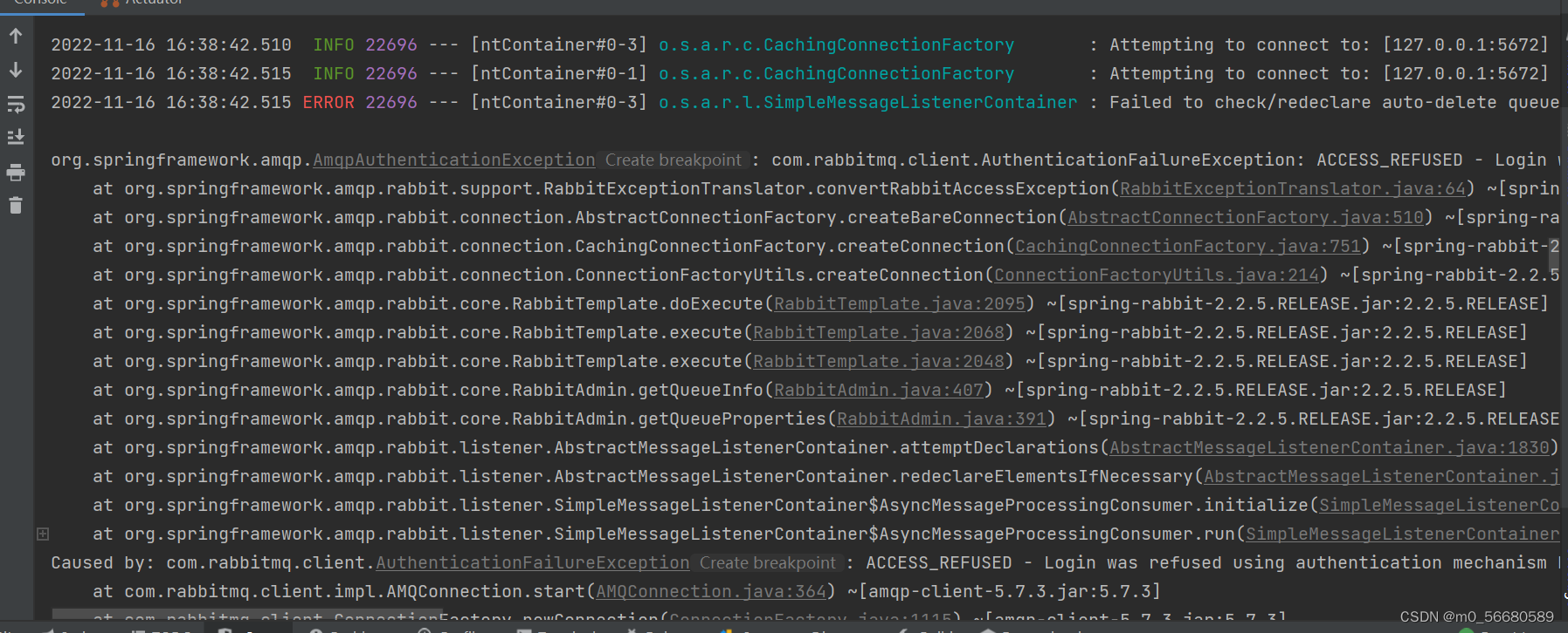 Springboot 整合rabbitmq报错 Org Springframework Amqp Amqpauthenticationexcepti Csdn博客