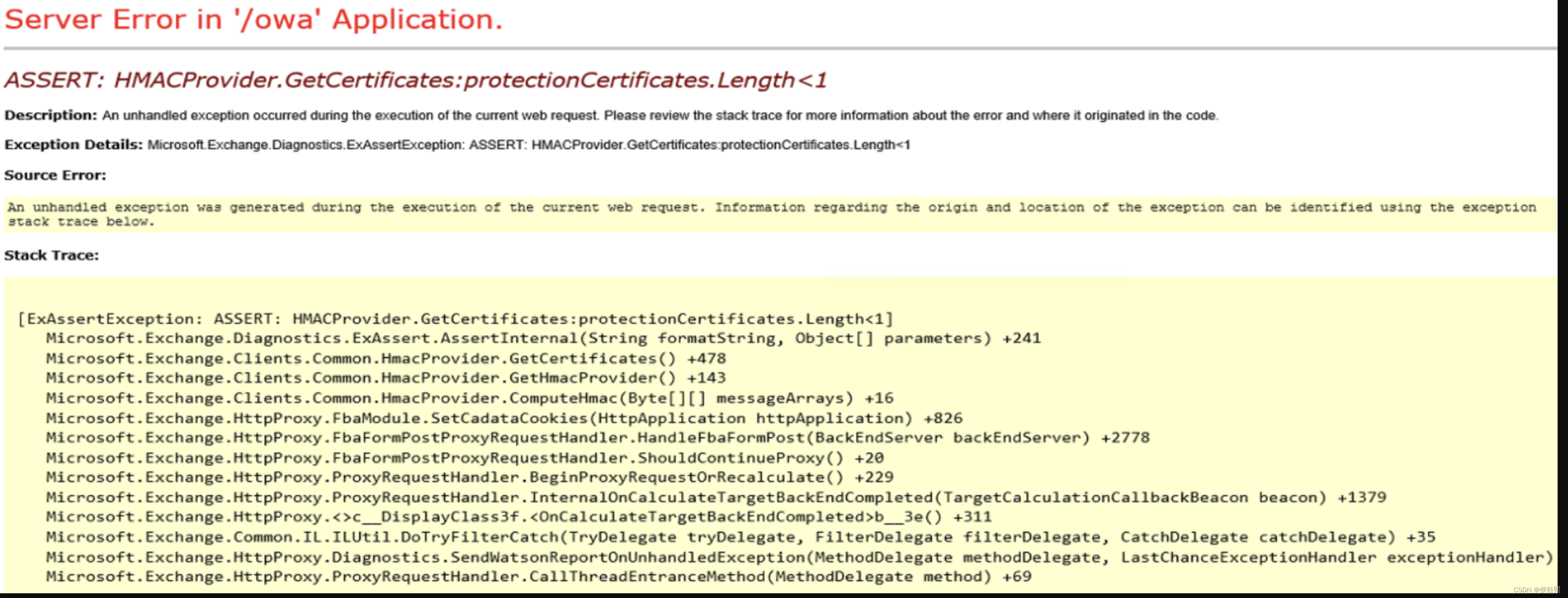 部署 Exchange Server后不能登录到 OWA 或 ECP_assert: hmacprovider.getcertificates ...