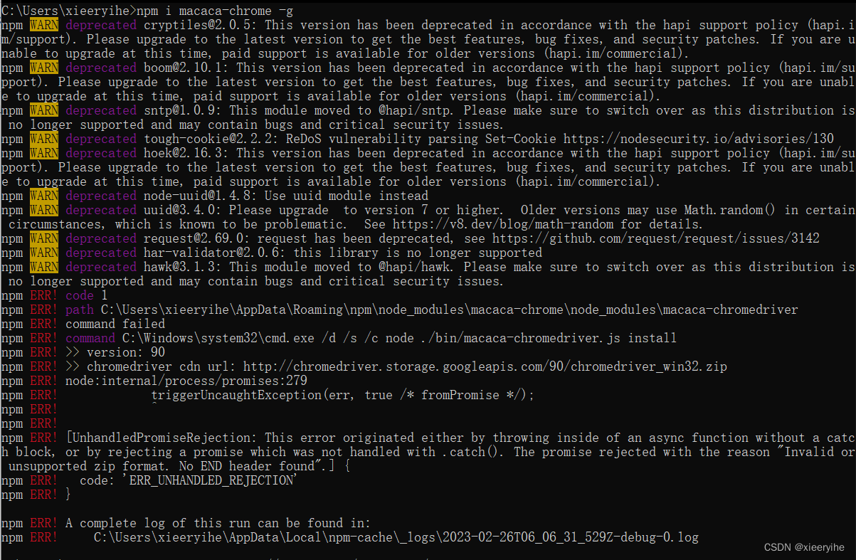 macaca安装macaca-chrome报错ERR_UNHANDLED_REJECTION_npm i macaca-chrome -g安装 ...