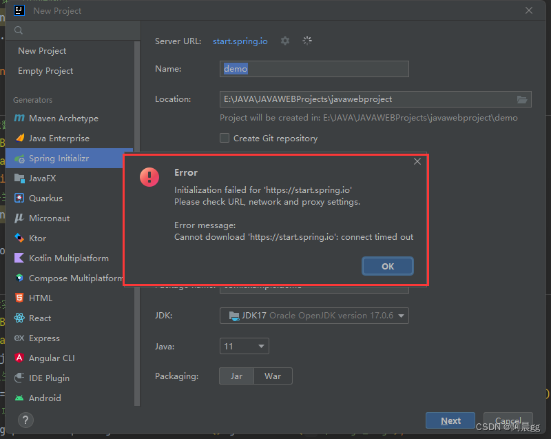 【错误记录】创建Spring项目时报错Error message: Cannot download ‘https://start.spring.io‘_message": "start ...