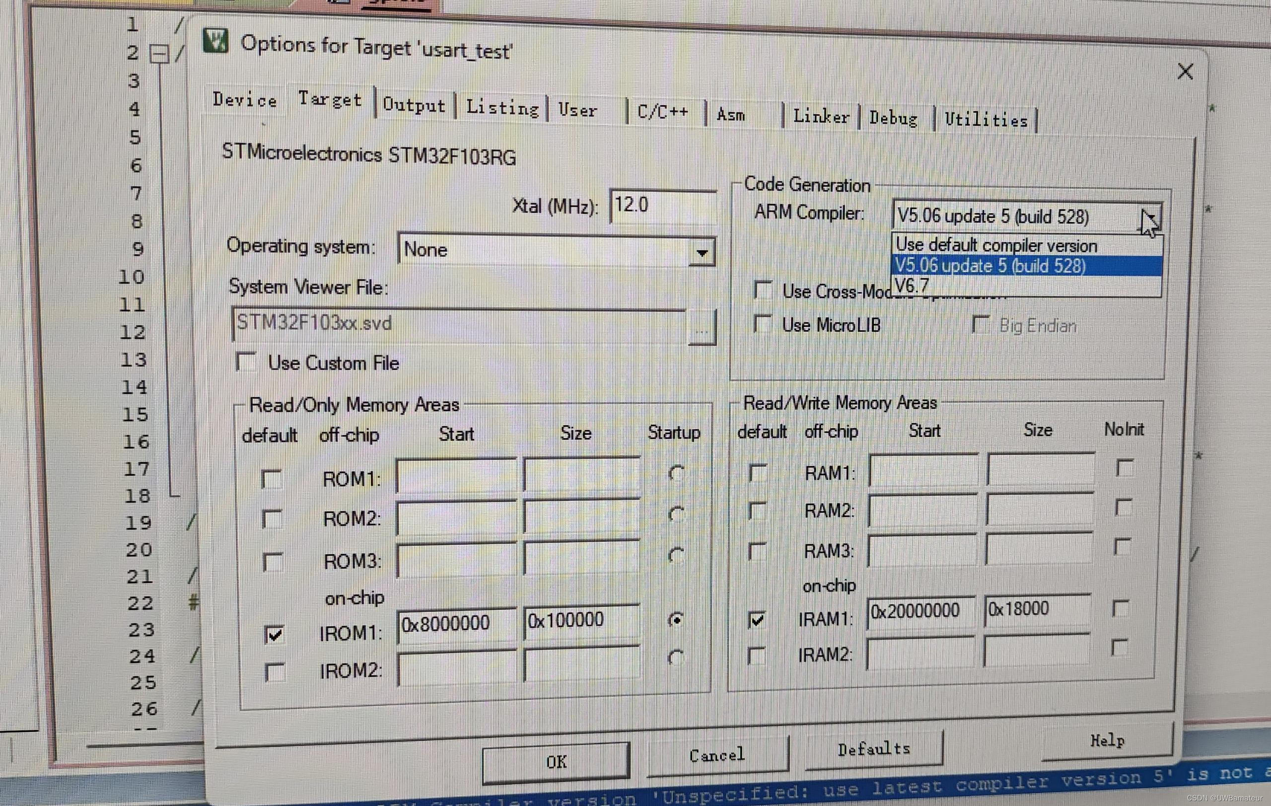 编译之后Target ’usarttest‘ - device family‘cortex-m3‘,‘Default ARM-Compiler ...