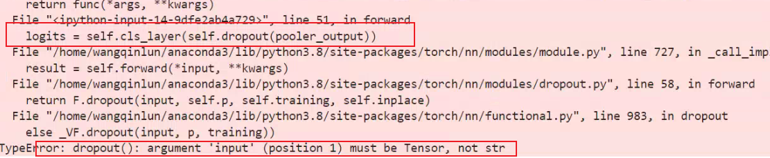 代码错误记录：TypeError: dropout(): argument ‘input‘ (position 1) must be Tensor, not str_typeerror ...