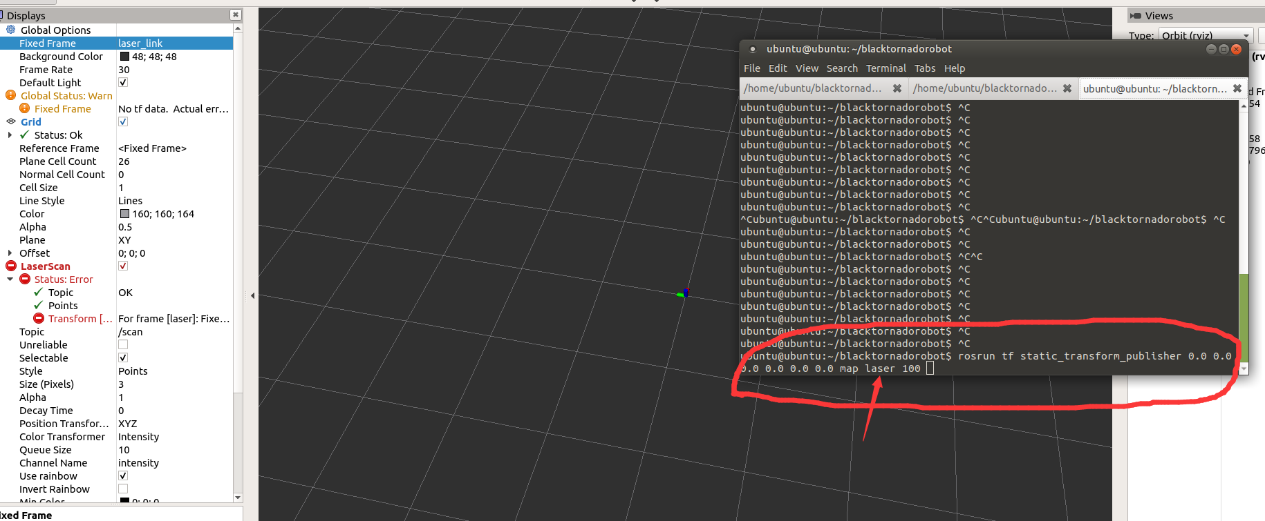 在rviz中出现For frame [laser]: Fixed Frame [laser_link] does not exist_for frame [laser]: frame ...