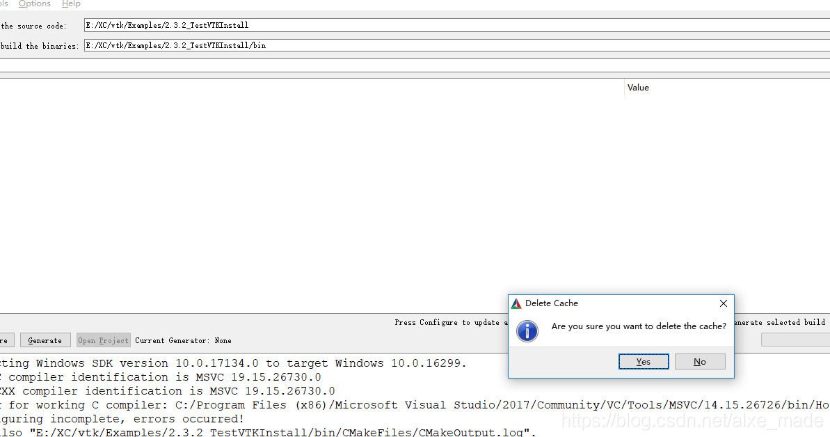 Cmake编译 Vtk时出现问题:error Configuration Process Project Files May Be