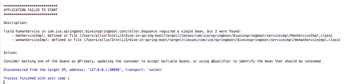 Action: Consider marking one of the beans as @Primary, updating the consumer to accept multiple ...