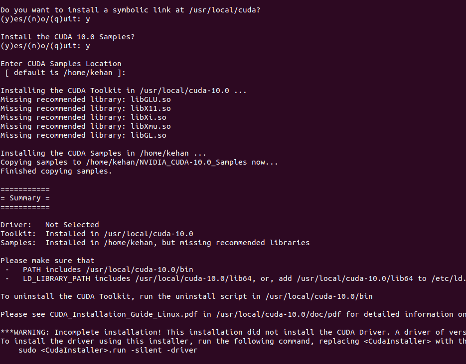CUDA10.0 Install : Missing recommended library: libGLU.so,libX11.so ...