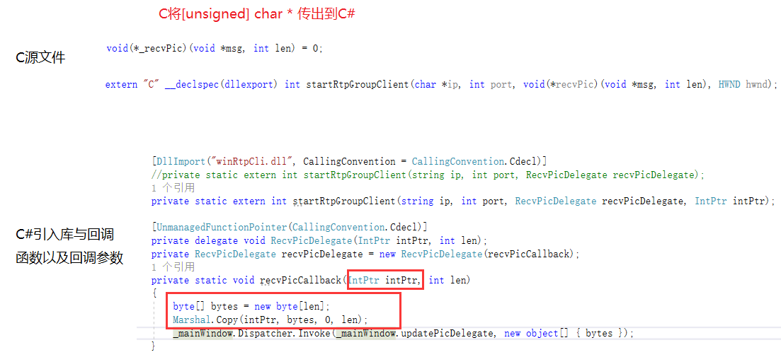 关于 C#调用c库，将C#的byte[]传入C库的方法和将C库的char*向上传入C#的回调函数byte[] 的方法_c# 回调intptr2byte-CSDN博客