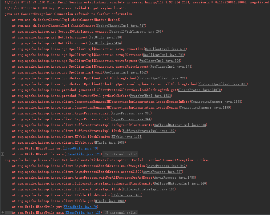 HBase：java api连接hbase报错 ERROR AsyncProcess: Failed to get region location-CSDN博客