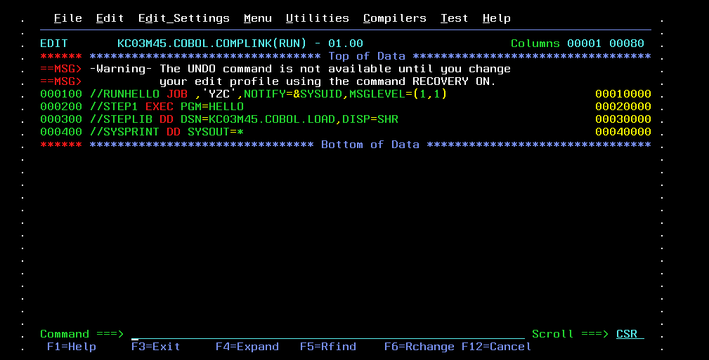 大型主机（z/OS系统）编译运行第一个COBOL语言hello world(解决编译时返回码为12问题)_cobol编译-CSDN博客