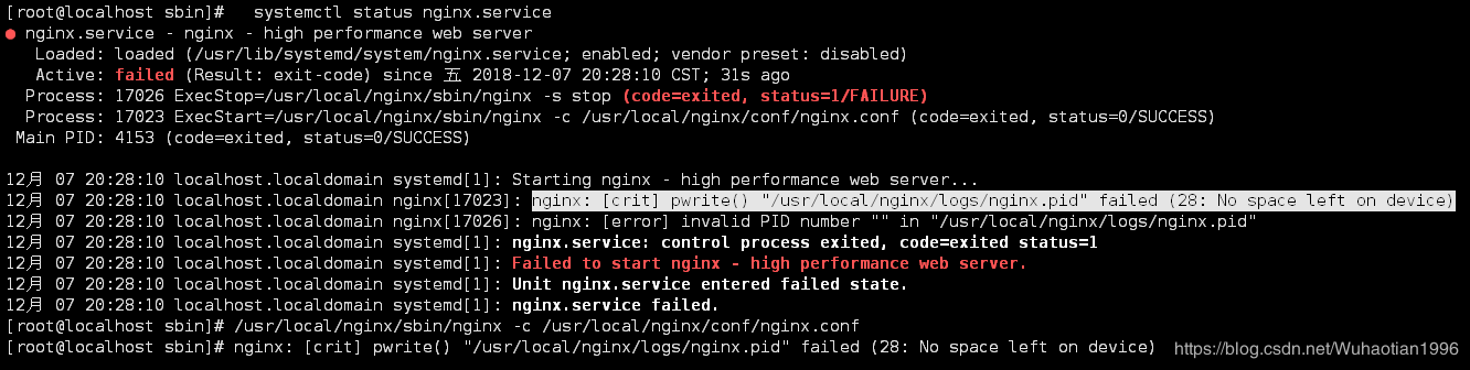 nginx: [crit] pwrite() "/usr/local/nginx/logs/nginx.pid" failed (28: No space left on device ...