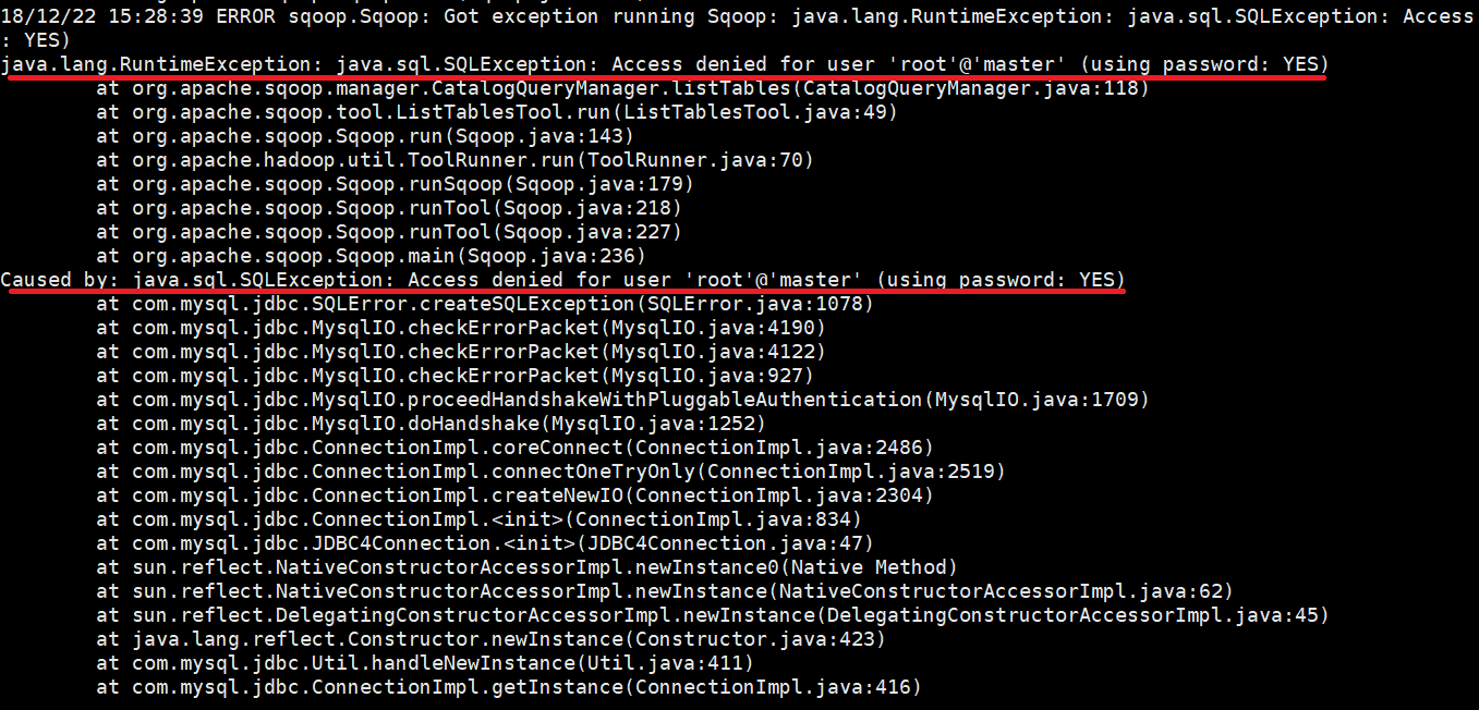 sqoop连接本地windows的mysql出错：java.sql.SQLException: Access denied for user 'root'@'master' (using ...