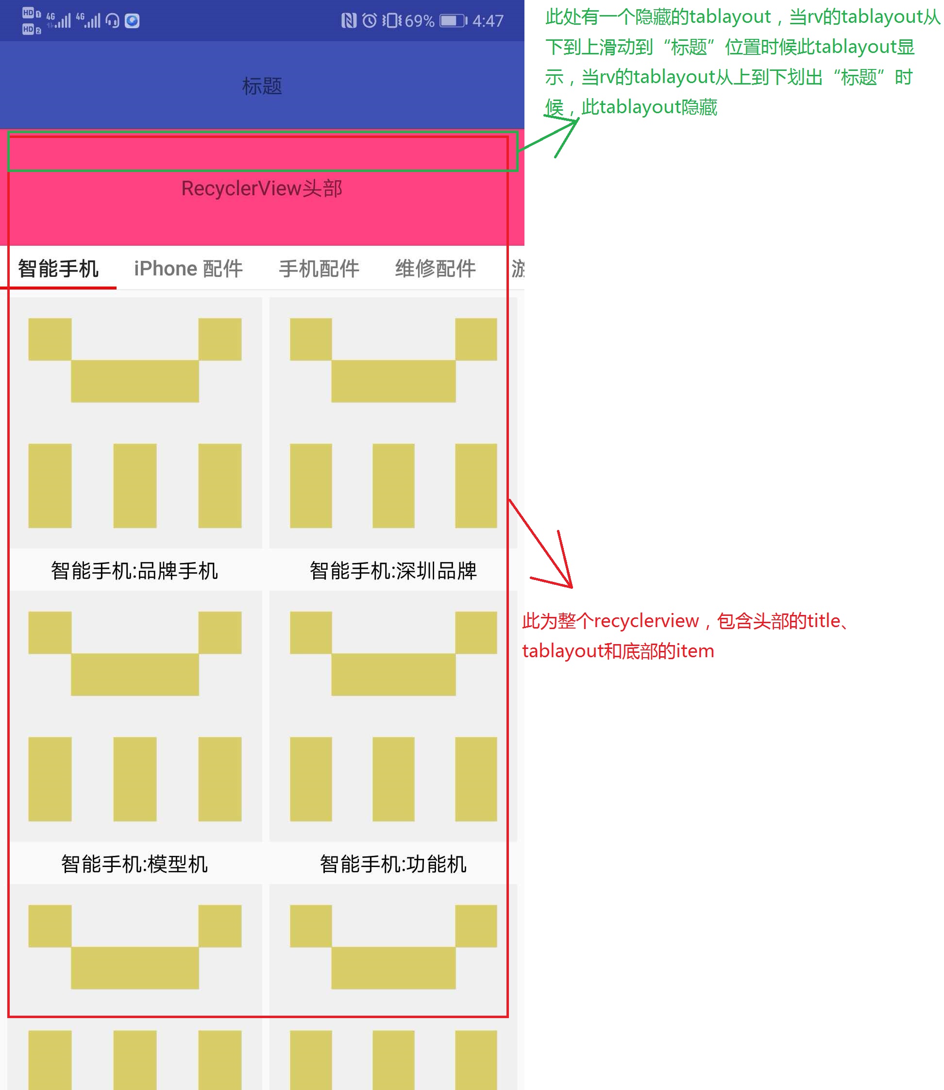 TabLayout和RecyclerView结合，点击TabLayout会切换到对应的RecyclerView位置，滚动RecyclerView时TabLayout会跟着切换到对应位置 ...